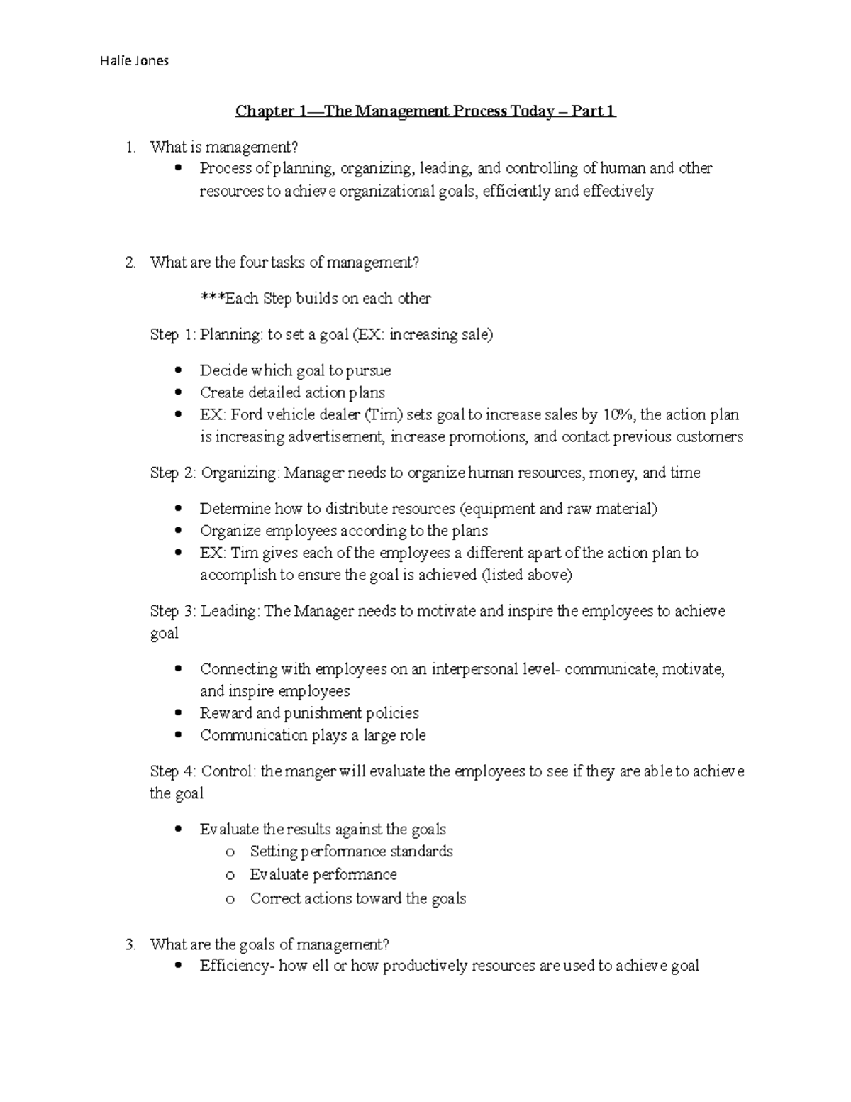 Handout Chapter 1 - Halie Jones Chapter 1—The Management Process Today – Part 1 What is ...