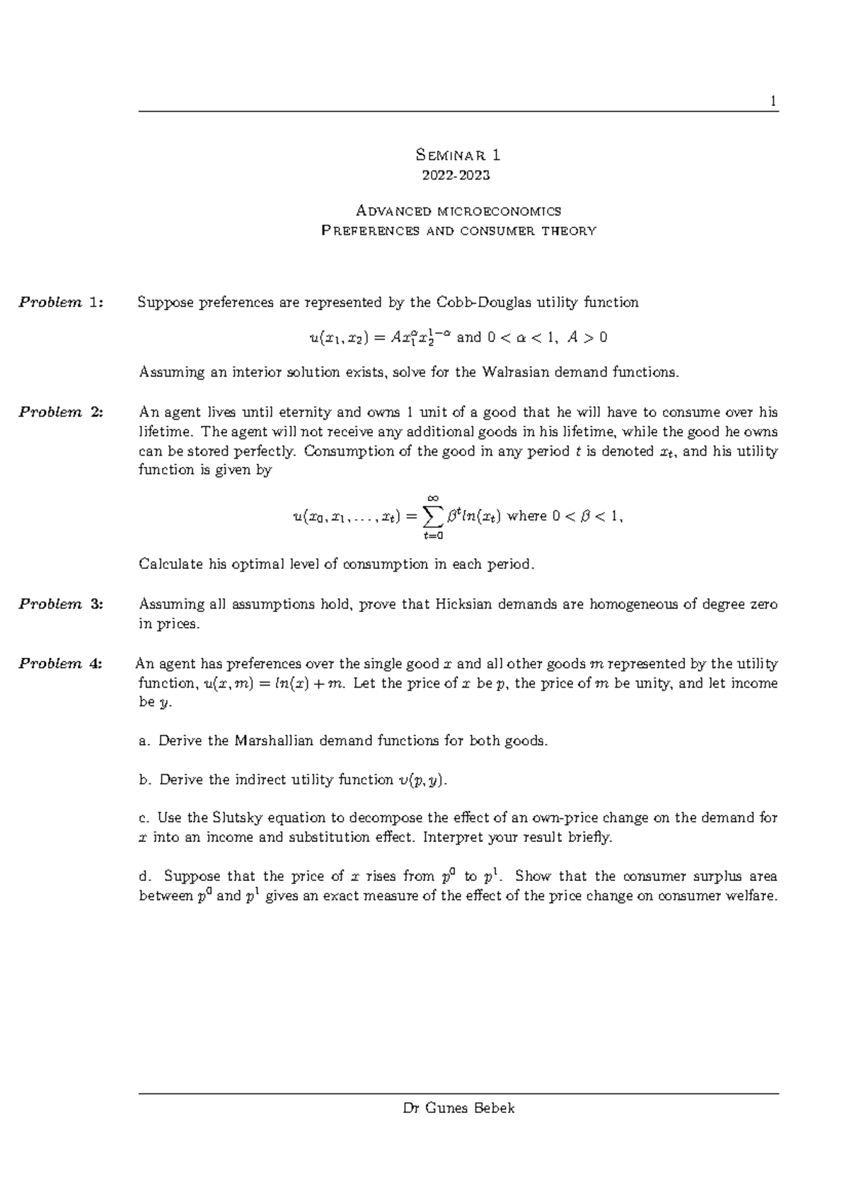 Problem set 1 - 1 Seminar 1 2022- Advanced microeconomics Preferences ...