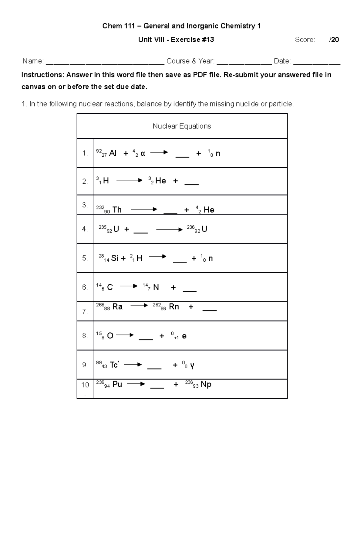 Uviii Assignment #13 - Chem 111 – General and Inorganic Chemistry 1 Unit VIII - Exercise #13 ...