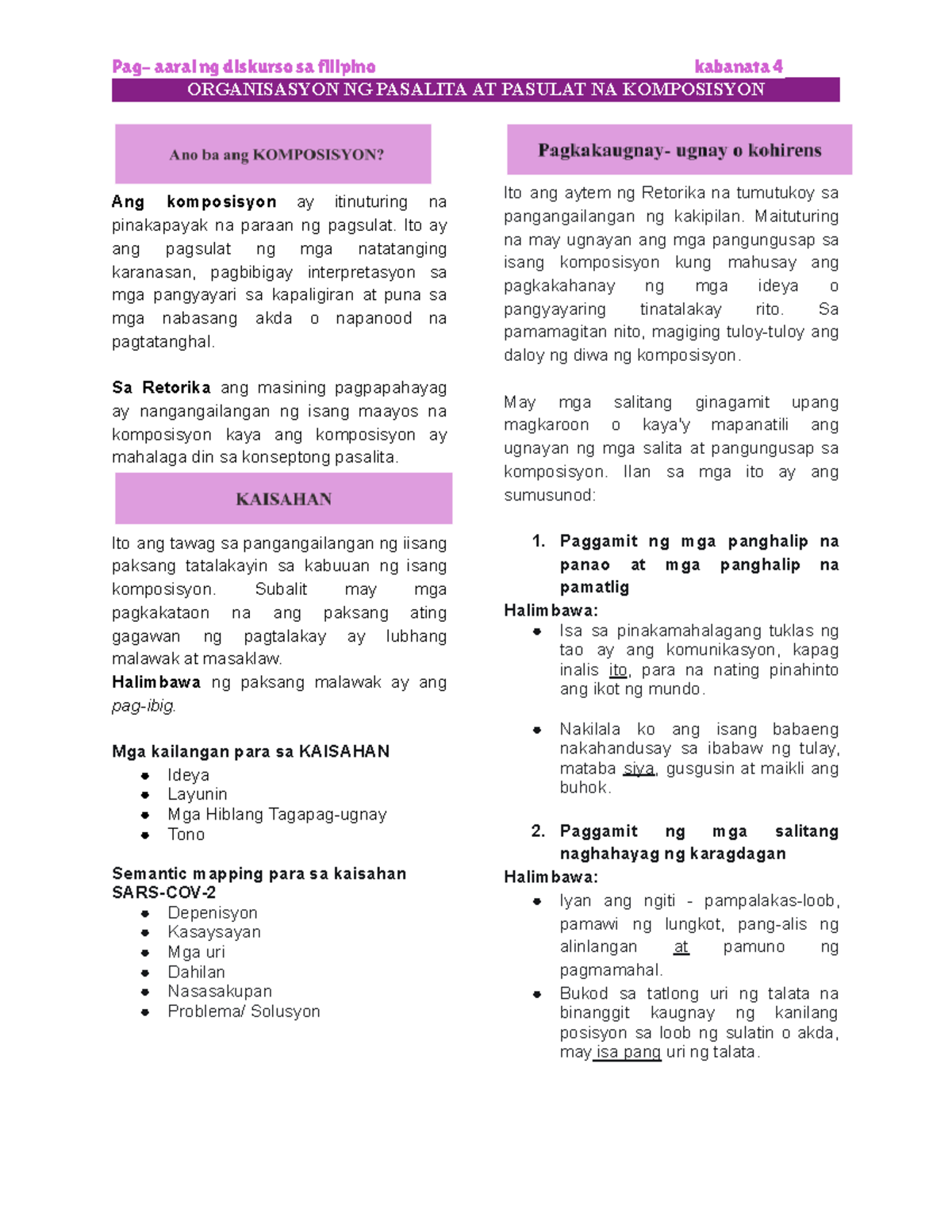 Kabanata 4 - lecture - ORGANISASYON NG PASALITA AT PASULAT NA ...