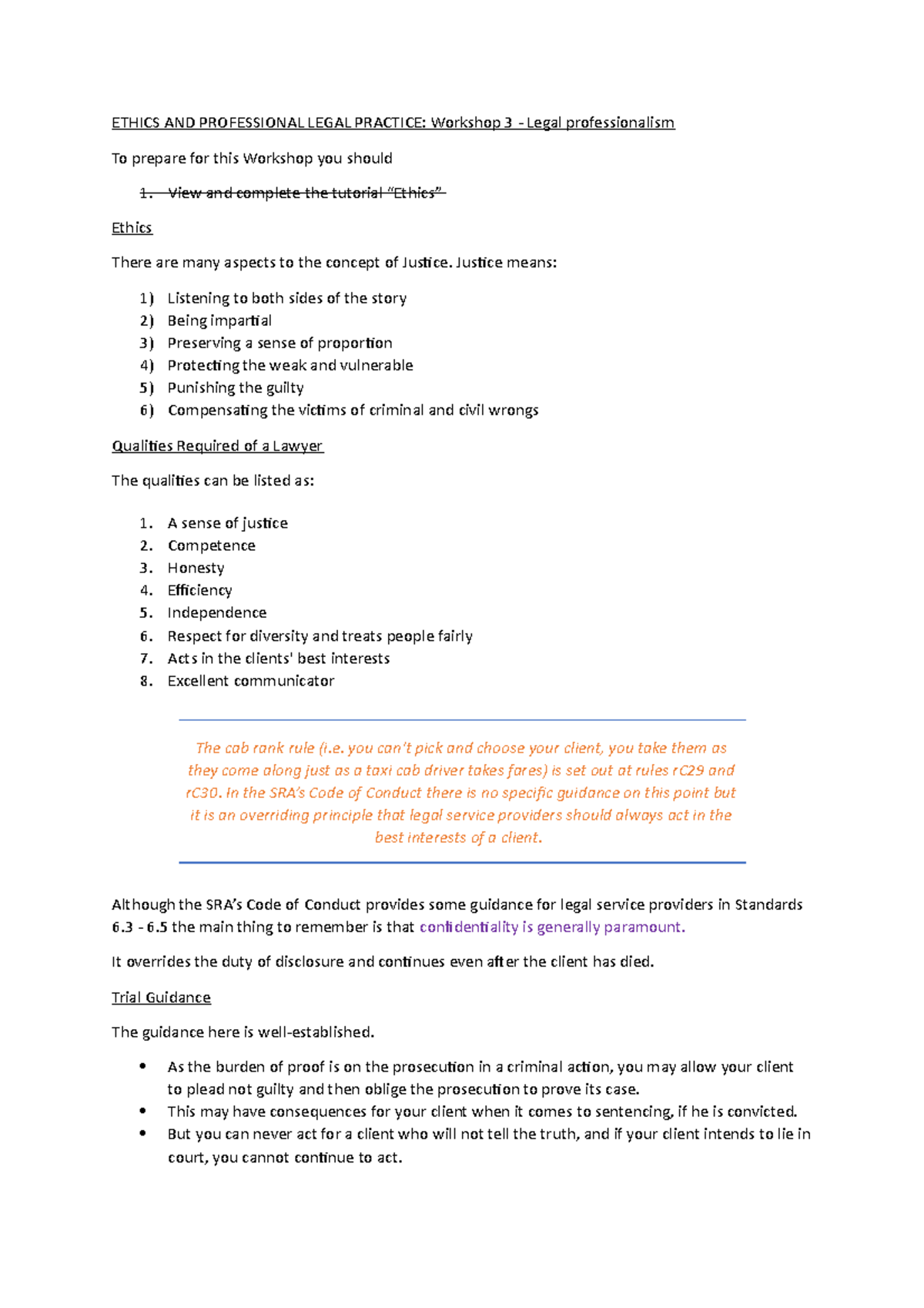 Workshop 3 - Legal professionalism - ETHICS AND PROFESSIONAL LEGAL ...