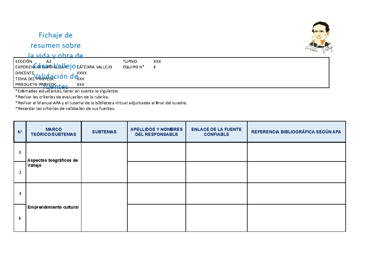 Fichaje de resumen Proyedc Validación fuentes - SECCIÓN A2 TURNO XXX ...