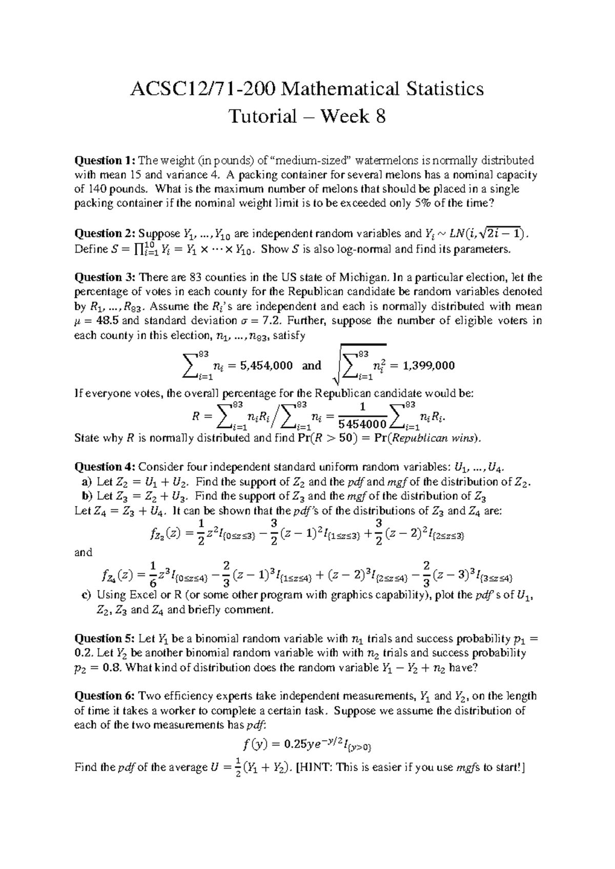Acsc12 71 200 Tutorial 8 Acsc1271 200 Mathematical Statistics Tutorial Week 8 Question 1