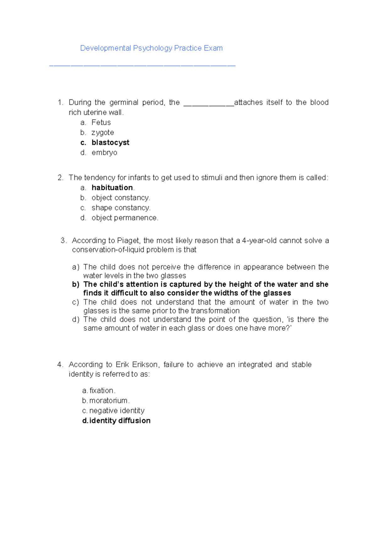 Practice Exam 101682 - Questions and Answers - Developmental Psychology ...