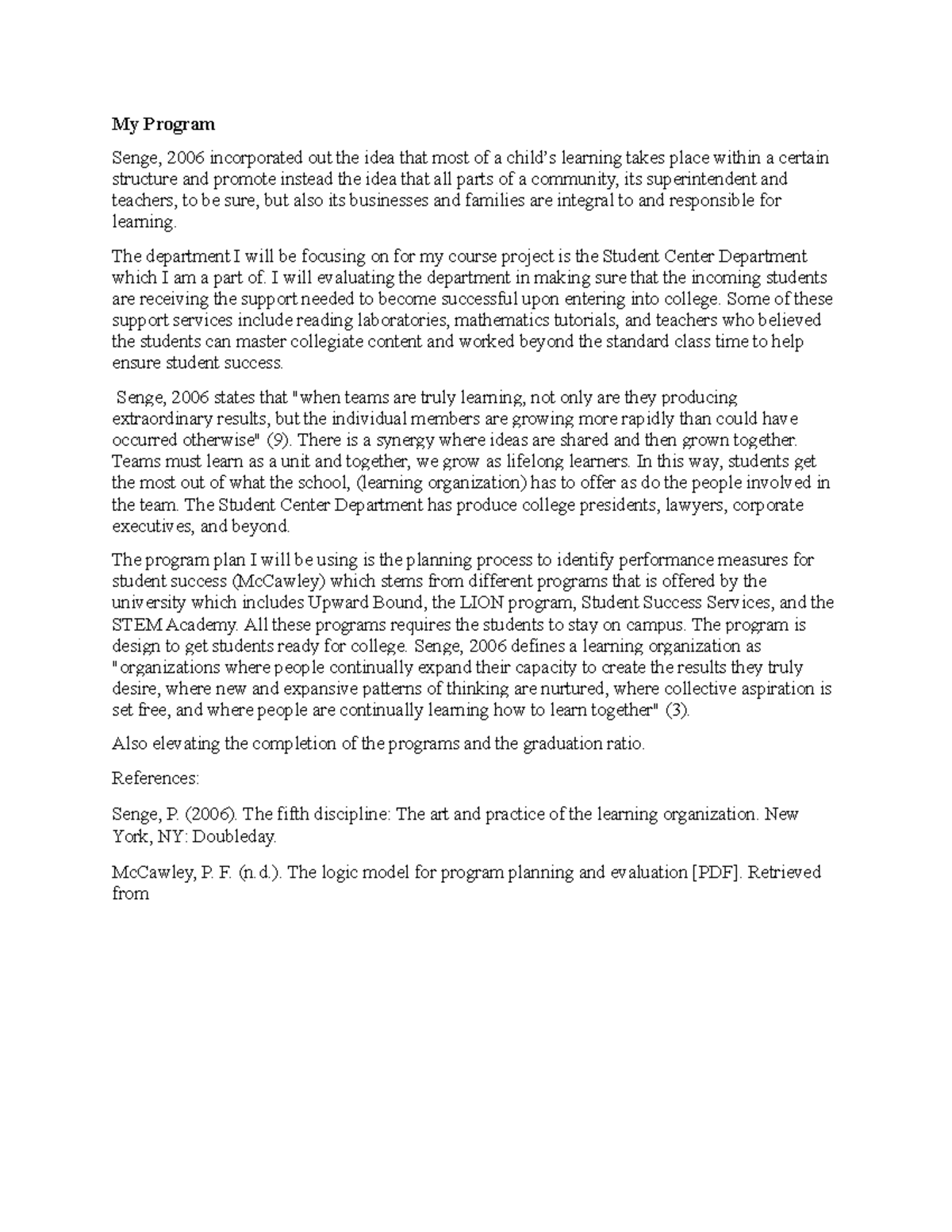 My Program - The department I will be focusing on for my course project ...