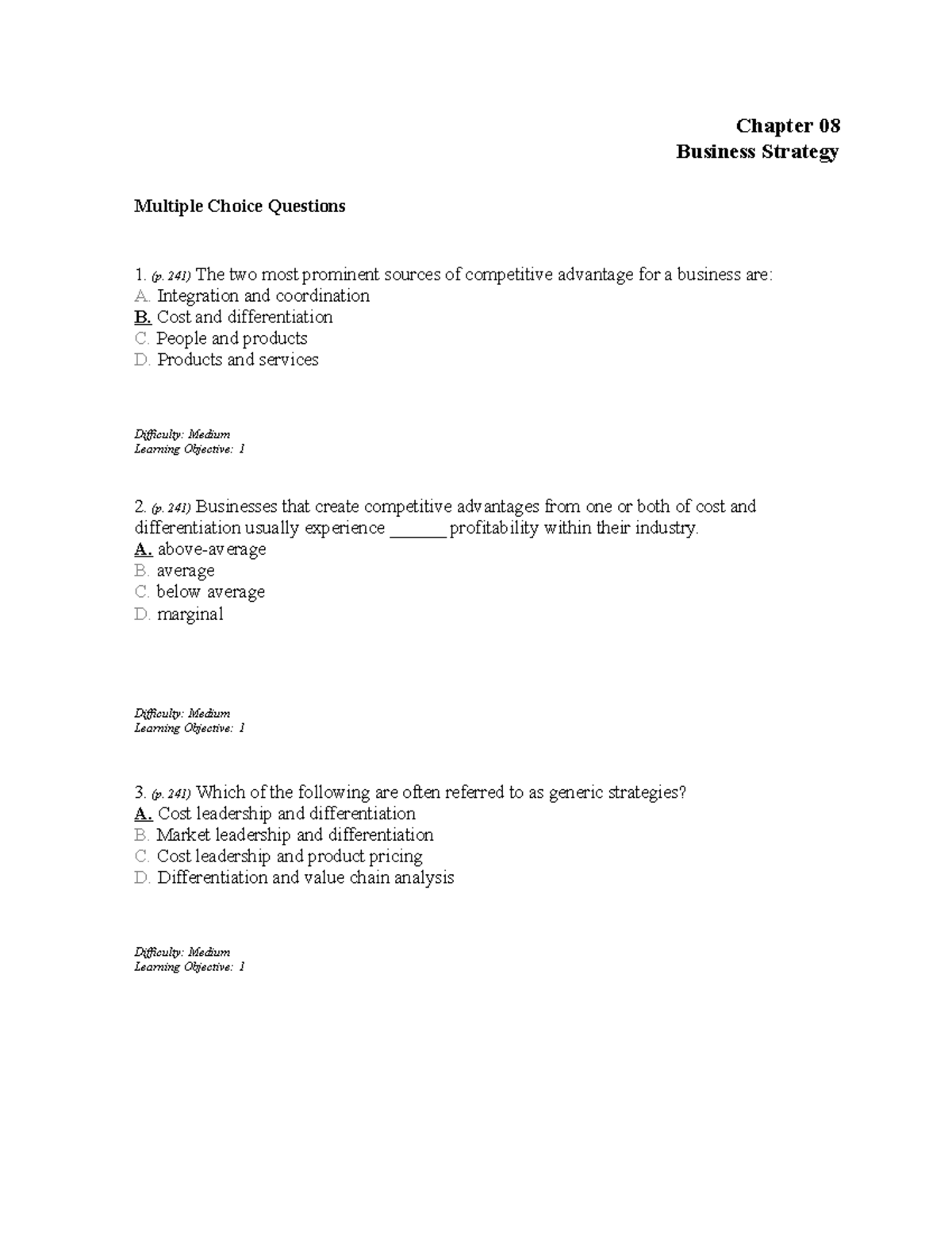 14e TB Ch08 - Test Bank - Chapter 08 Business Strategy Multiple Choice ...
