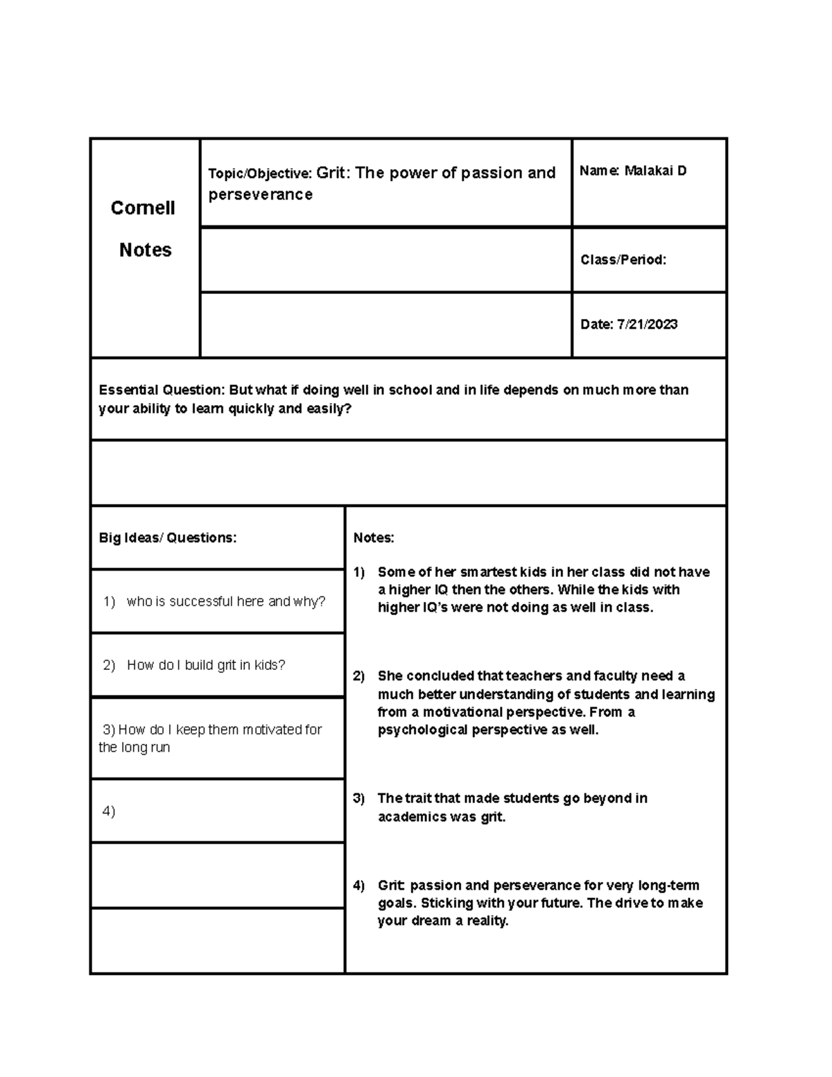 02 03 06 - gbgbgnhn - Cornell Notes Topic/Objective: Grit: The power of ...