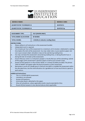 QUAT5112T1a - PAST PAPER - MODULE NAME: MODULE CODE: QUANTITATIVE TECHNIQUES A QUAT QUANTITATIVE ...