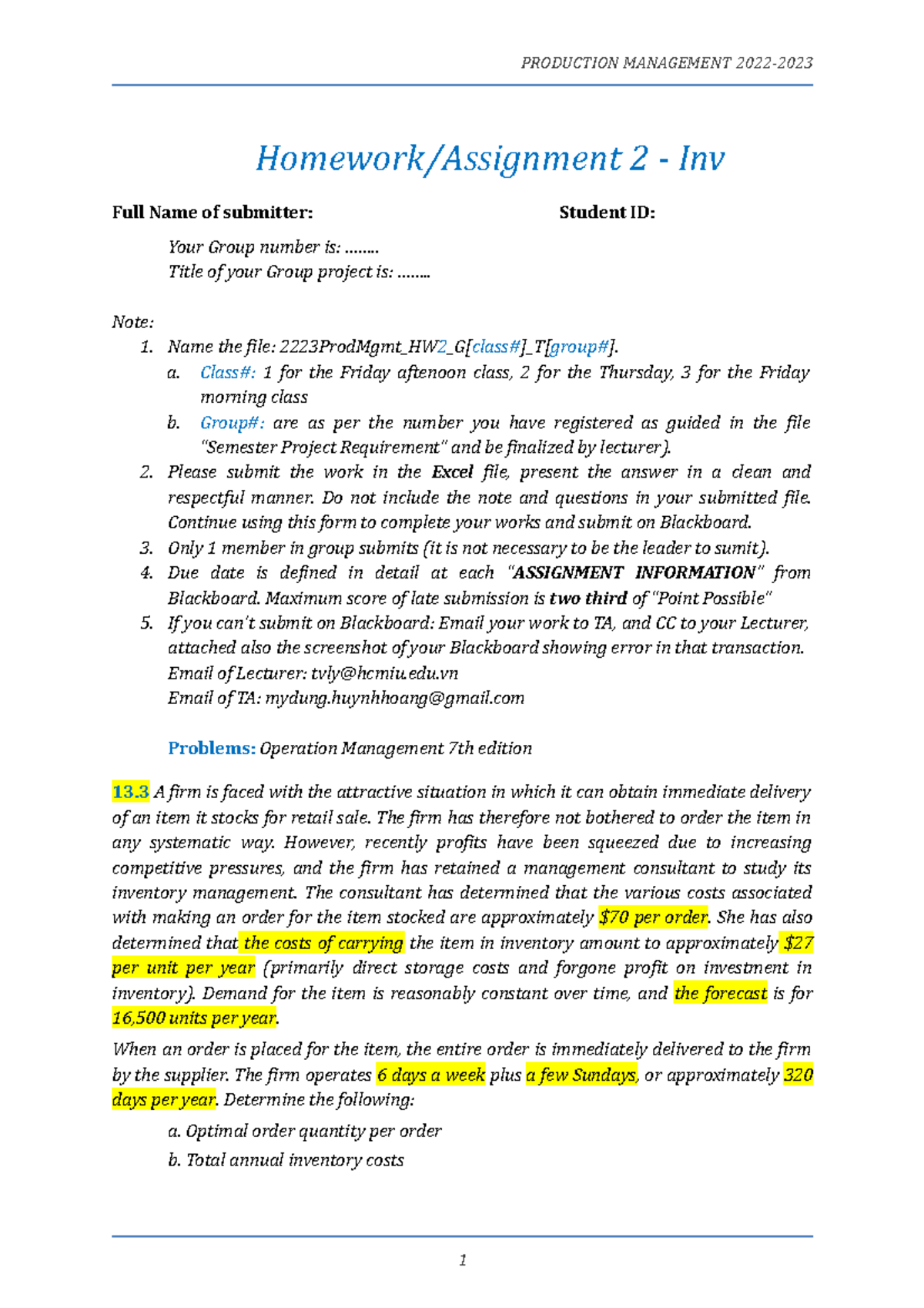 2223Prod Mgmt HW2 G# T# - Đề bài tập - Homework/Assignment 2 - Inv Full Name of submitter ...