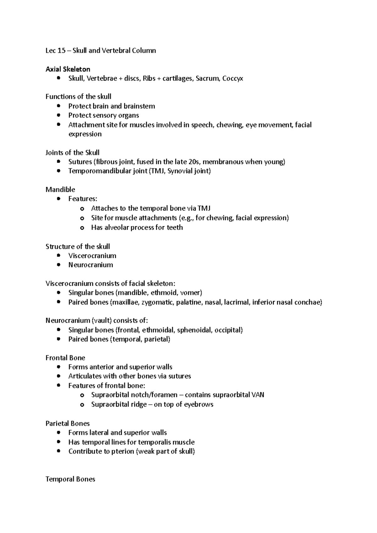 ANAT241 Module 3 - Lec 15 – Skull and Vertebral Column Axial Skeleton ...