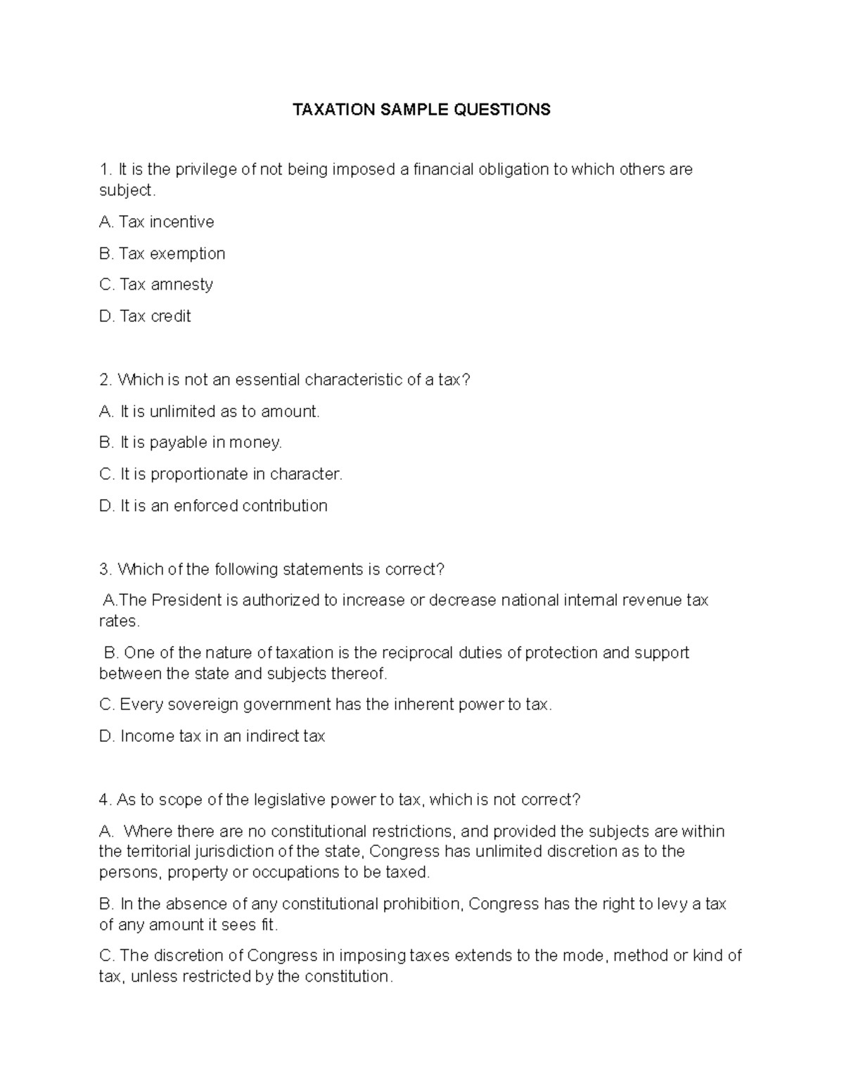 Taxation Sample Questions - TAXATION SAMPLE QUESTIONS It is the ...