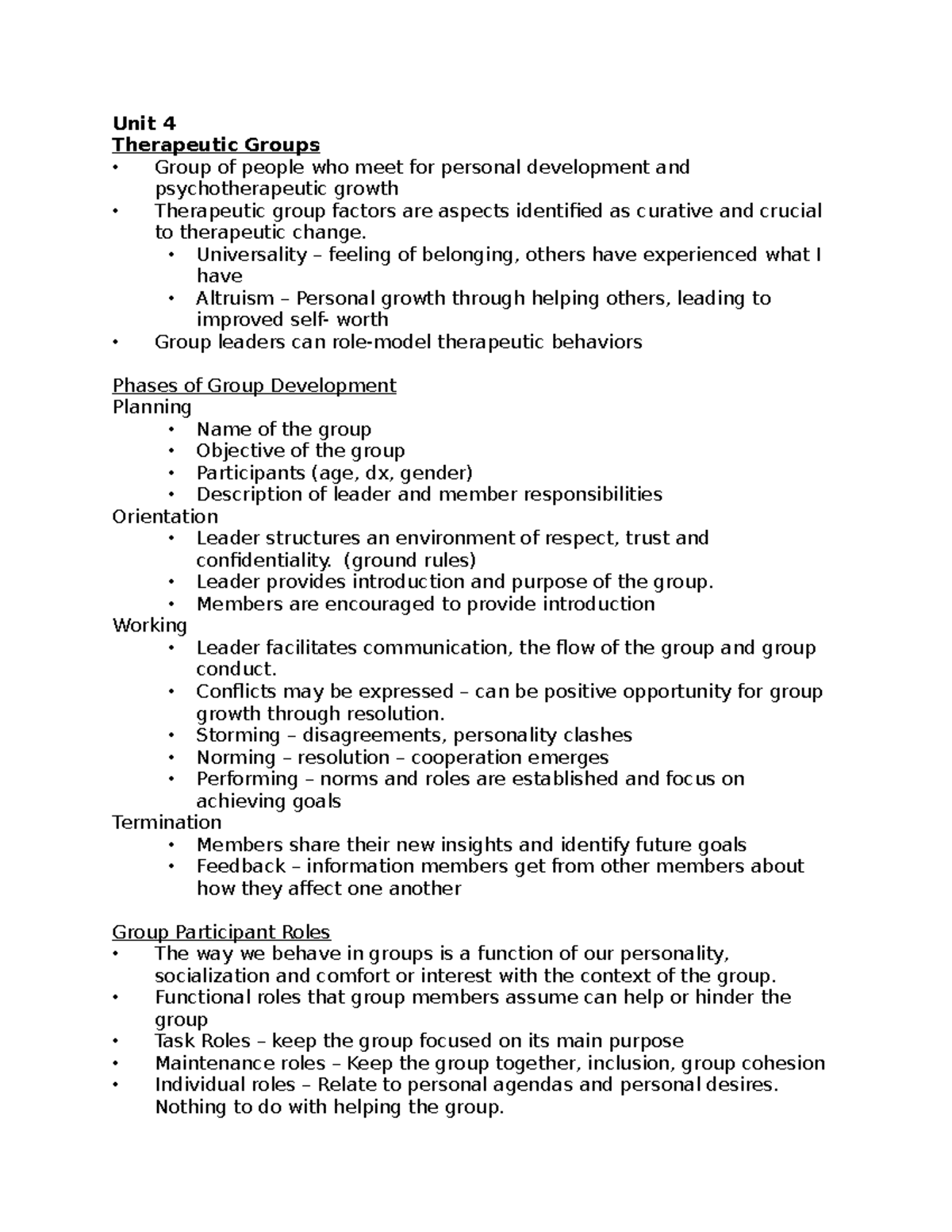 Mental Health Unit 4 - Unit 4 Therapeutic Groups • Group of people who ...