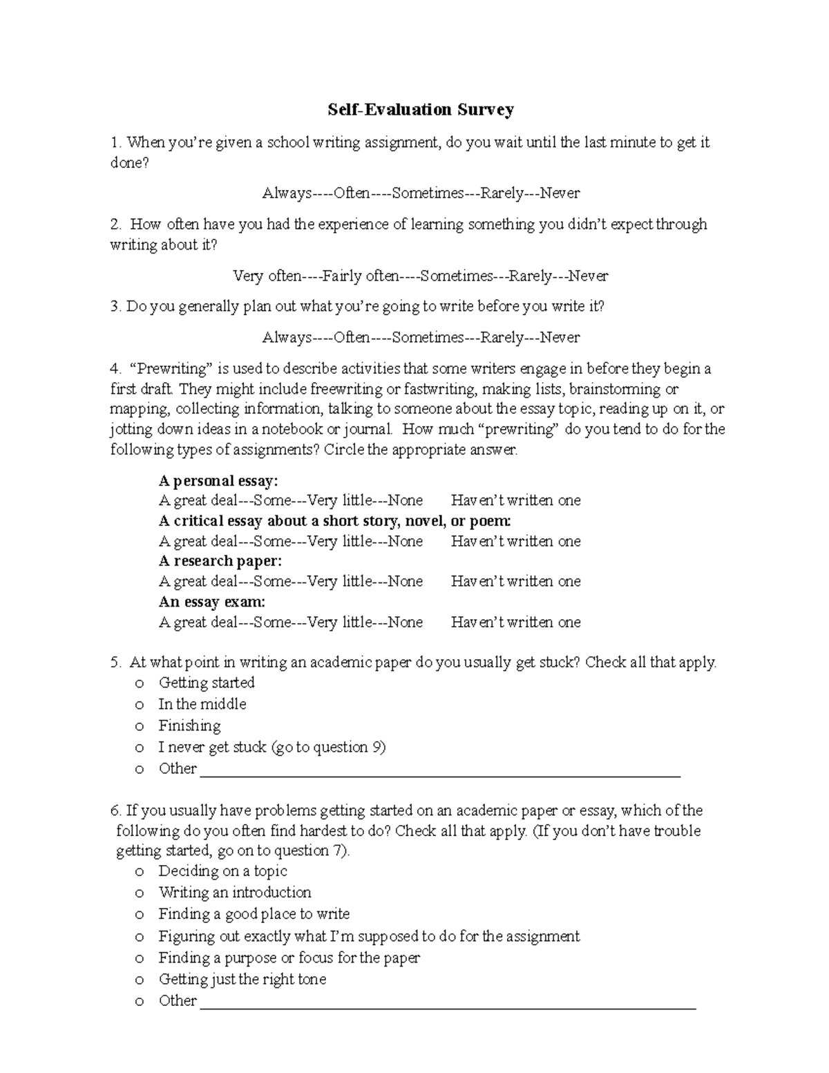 Self Evaluation Survey - Self-Evaluation Survey When you’re given a ...