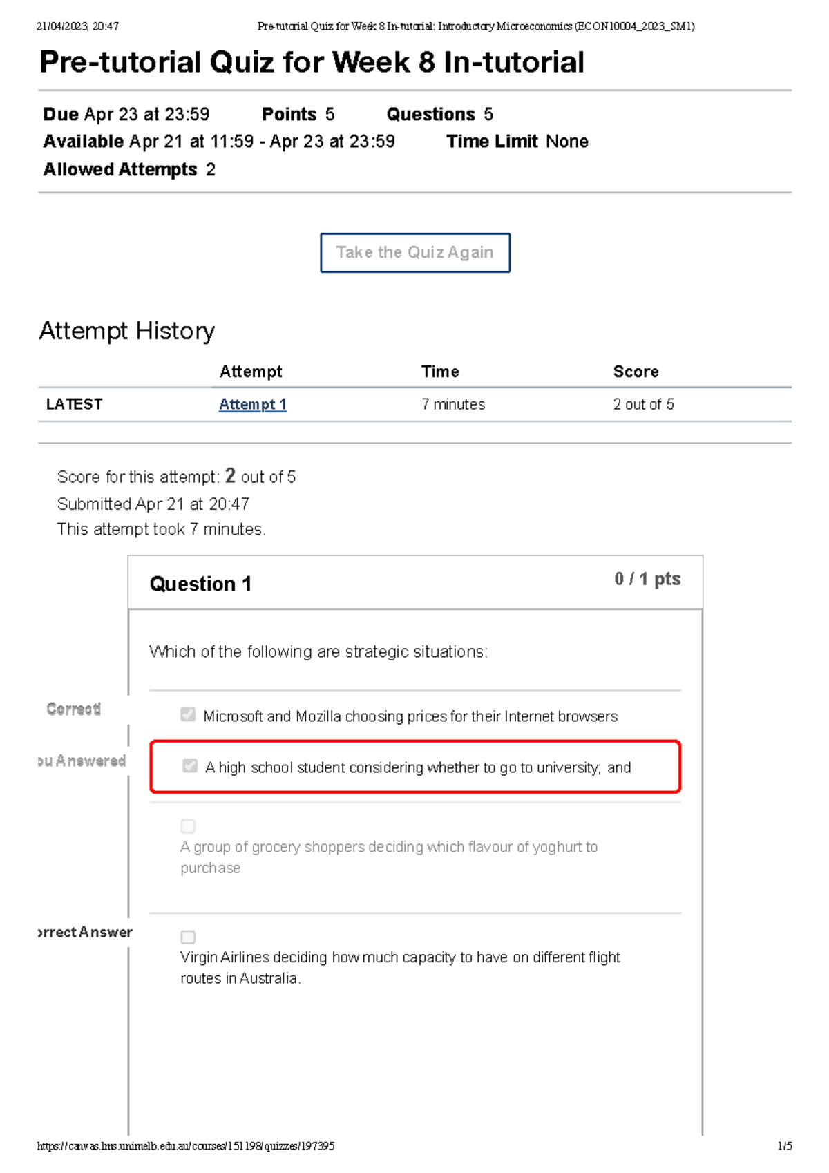 Pre-tutorial Quiz for Week 8 In-tutorial Introductory Microeconomics (ECON10004 2023 SM1 ...