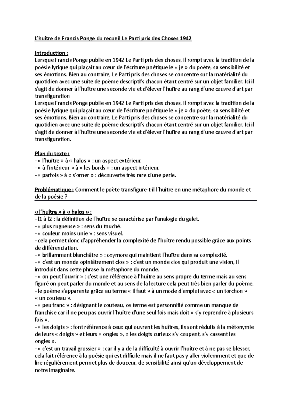 BAC Texte L'huître - L’huître de Francis Ponge du recueil Le Parti pris ...