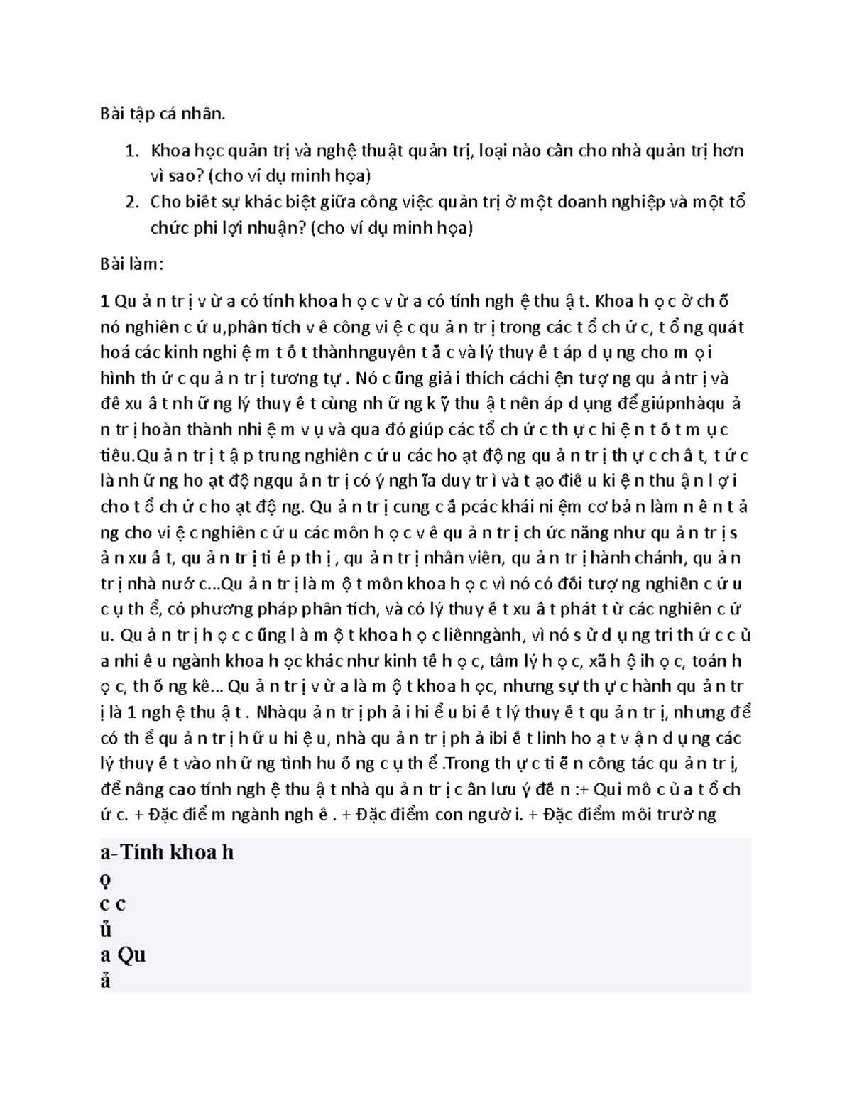 Bài tập cá nhân - bài tập cá nhận quản trị học - Bài t p cá nhân.ậ 1. Khoa h c qu n tr và nghọ ả ...