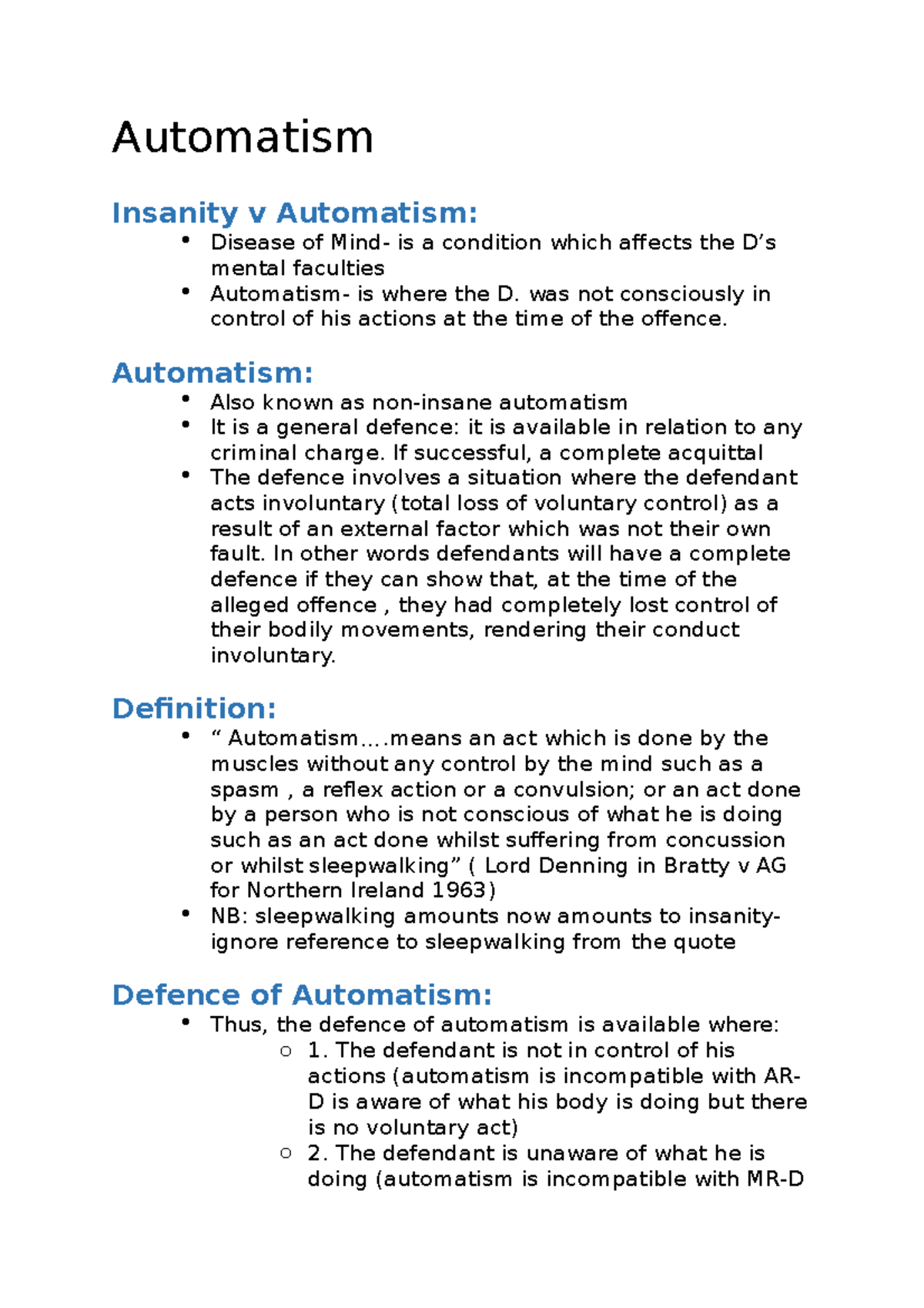 Automatism - Lecture notes 10 - Automatism Insanity v Automatism ...