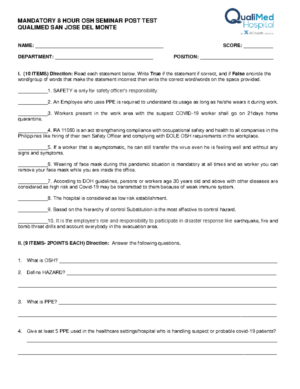 QSJD OSH POST TEST - For safety exam - MANDATORY 8 HOUR OSH SEMINAR ...