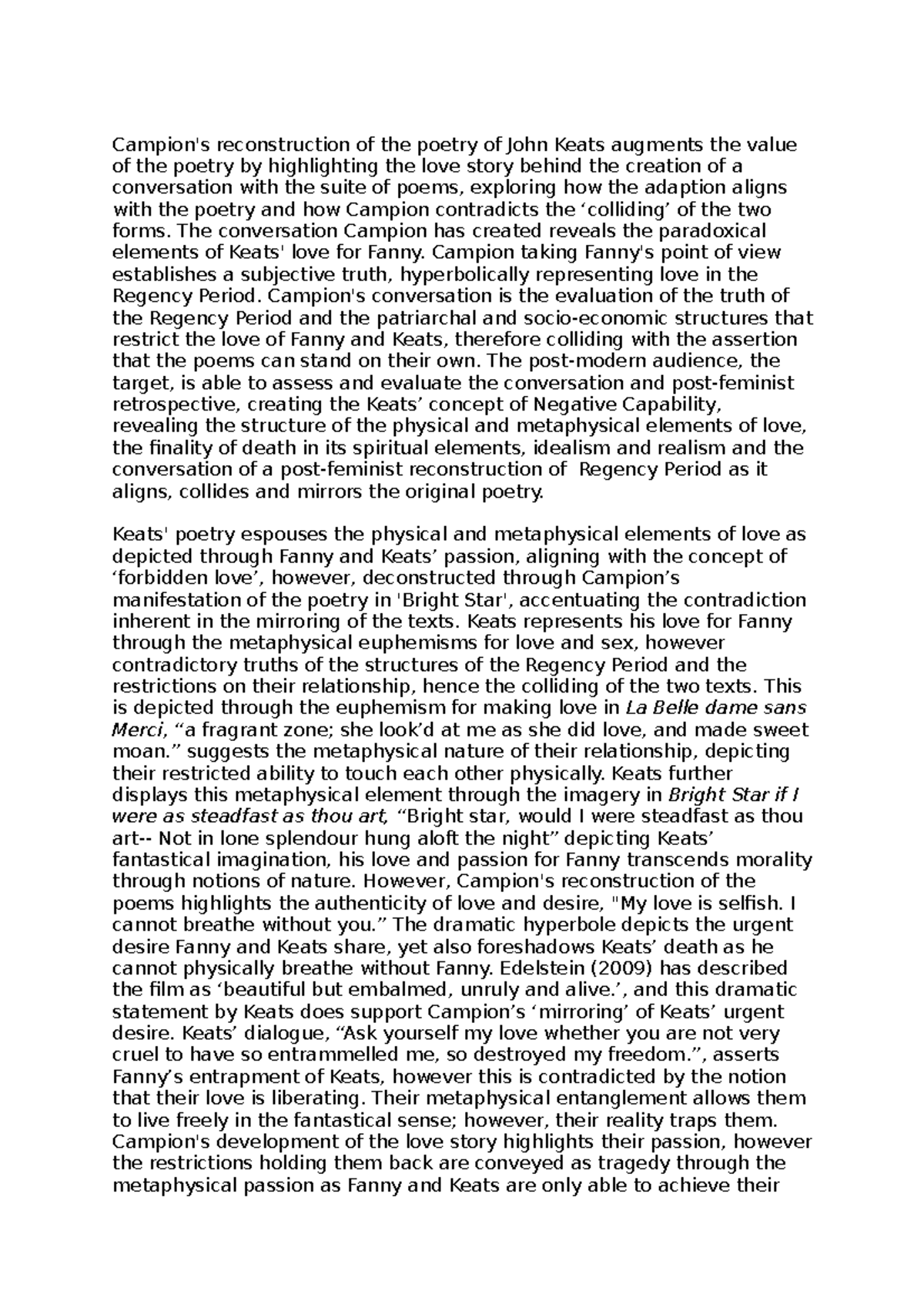 MOD A Essay - Campion's reconstruction of the poetry of John Keats ...