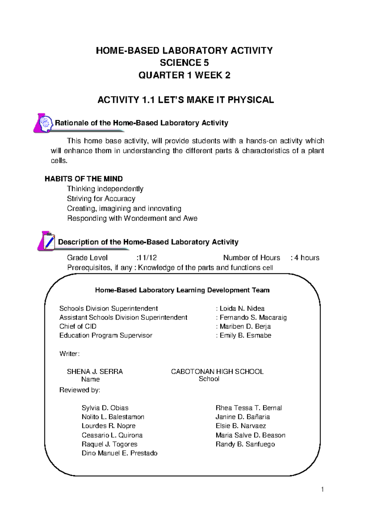 Gen Bio 1 Q1WEEK2 - HOME-BASED LABORATORY ACTIVITY SCIENCE 5 QUARTER 1 ...