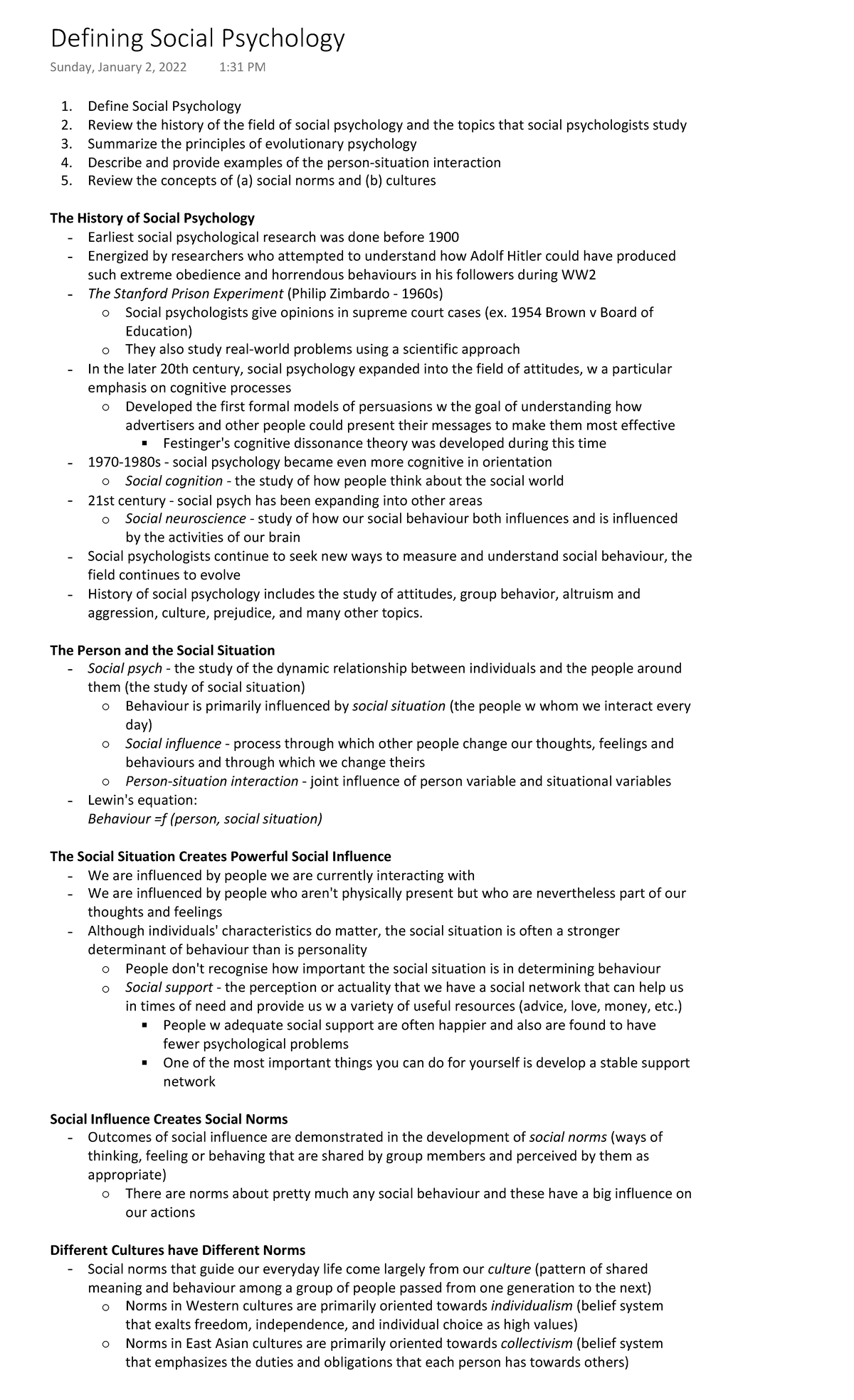 PSYC 100 - Reading Notes - Defining Social Psychology - Define Social ...