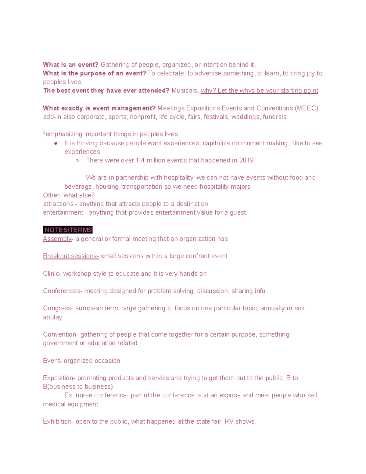 Event 171 - Notes from class - What is an event? Gathering of people ...