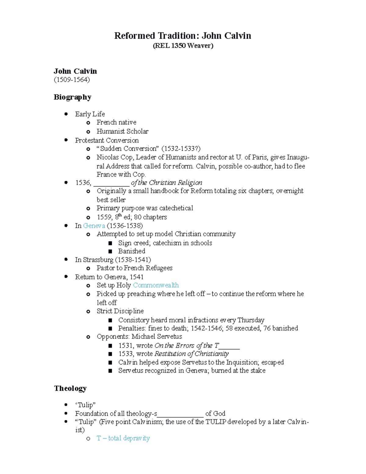 John Calvin - Class filled in notes - Reformed Tradition: John Calvin ...