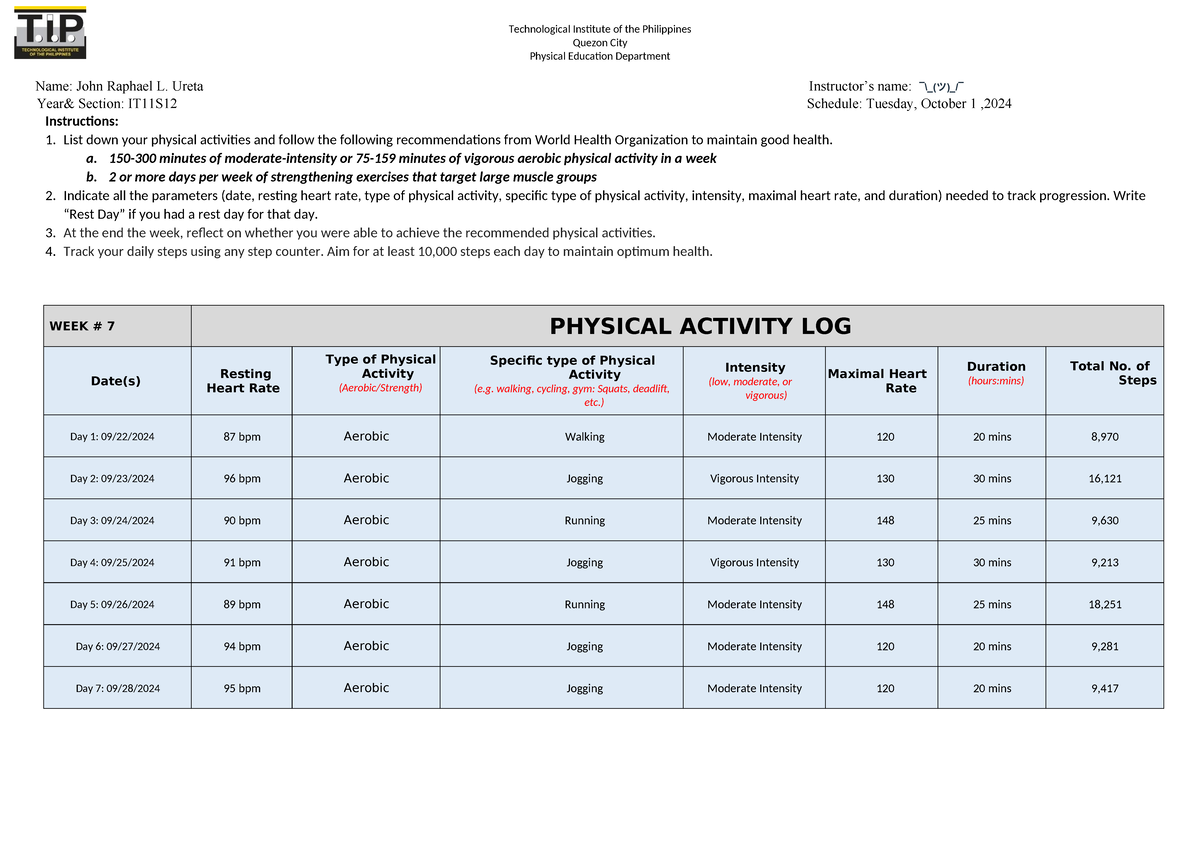 PE001 Fitness Journal Log Form-6 - Quezon City Physical Education Department Name: John Raphael ...