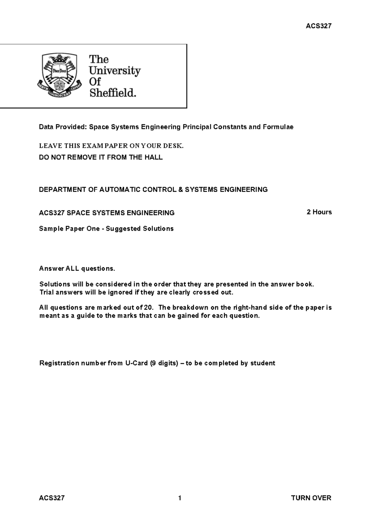 ACS327 Sample Paper - Solutions - ACS327 1 TURN OVER Data Provided ...