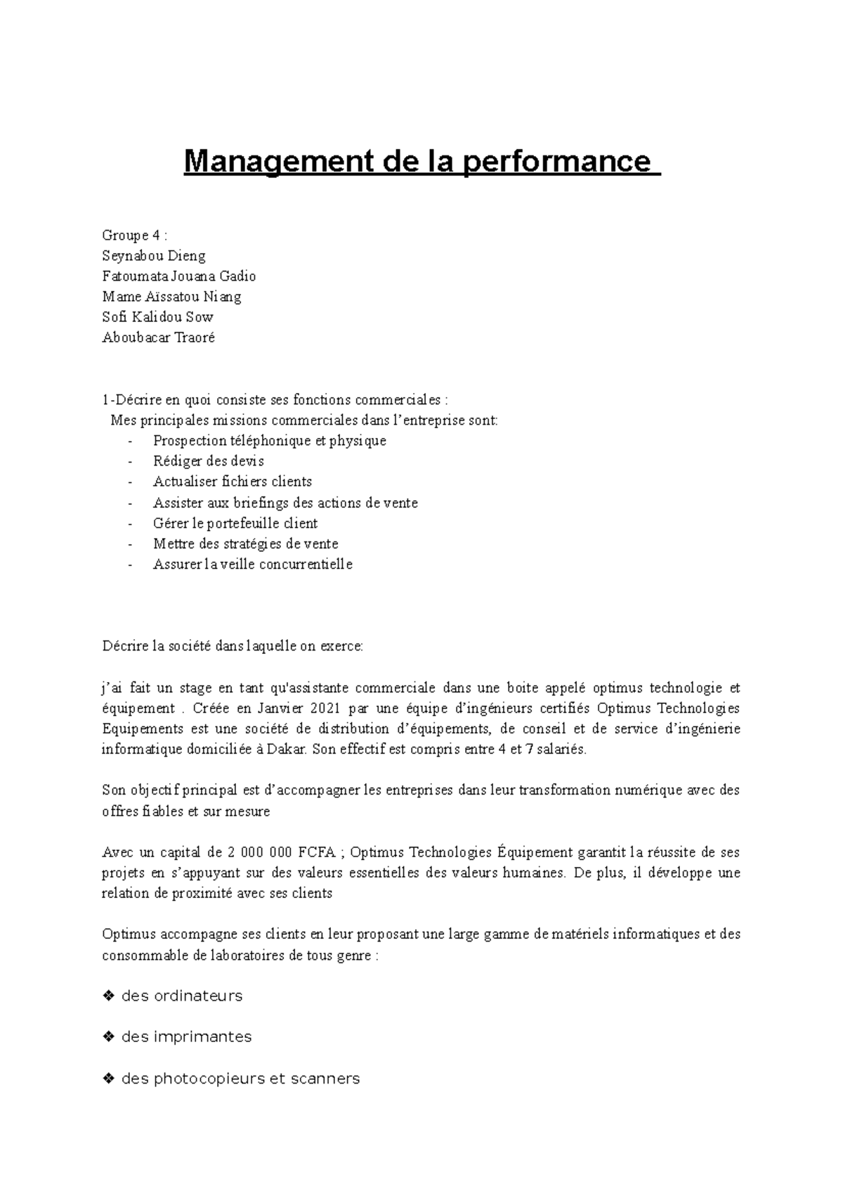 Management De Performance Management De La Performance Groupe 4