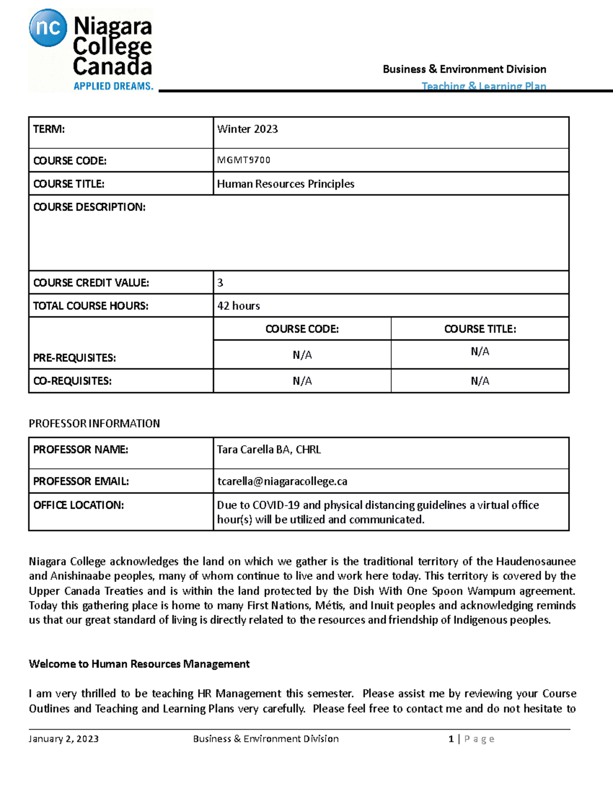 MGMT9700-05 TLP W23 Carella - Business & Environment Division Teaching & Learning Plan TERM ...