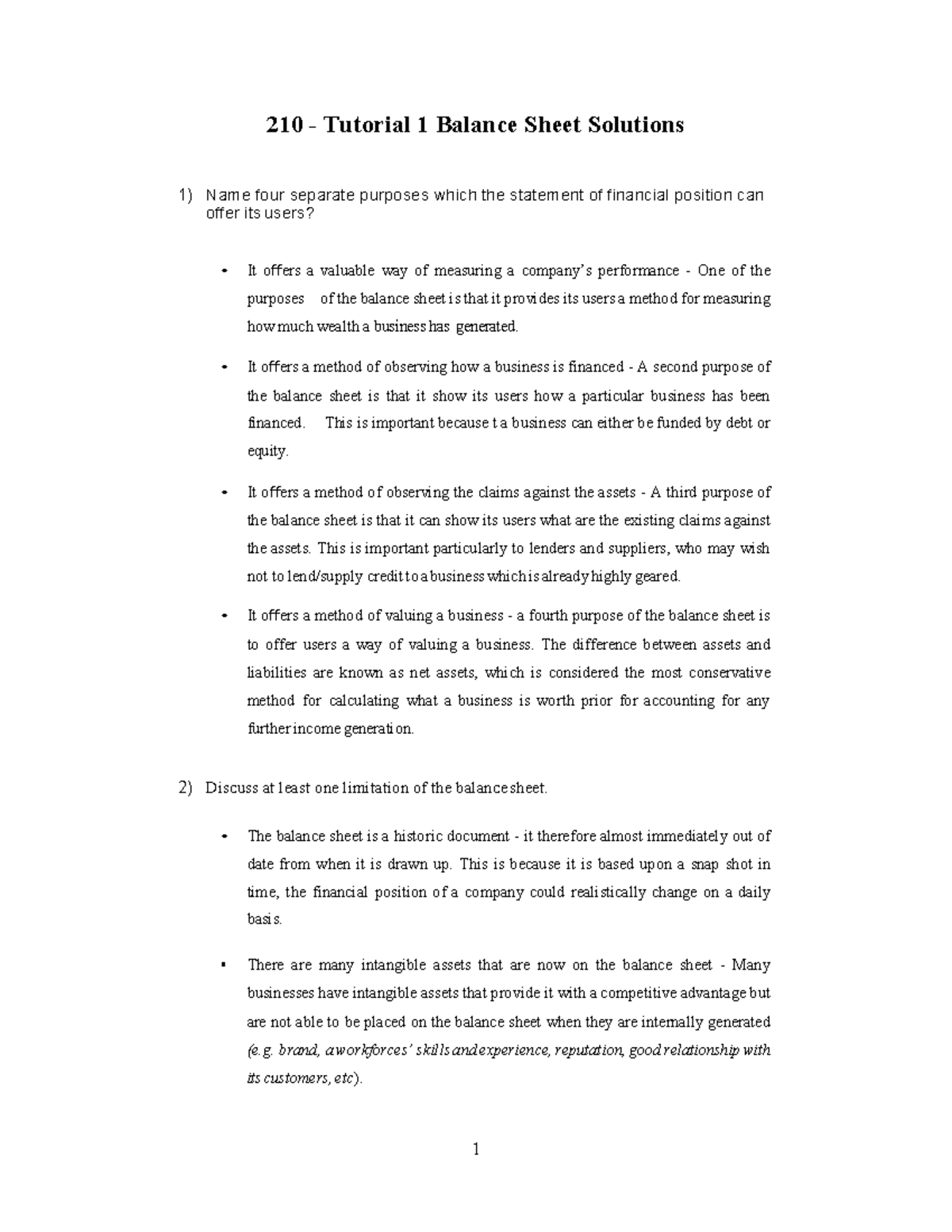 Tutorial 1 Balance Sheet solutions - 210 - Tutorial 1 Balance Sheet ...