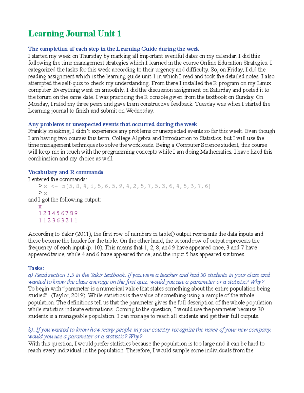 Learning Journal Unit 1 - I did this following the time management ...