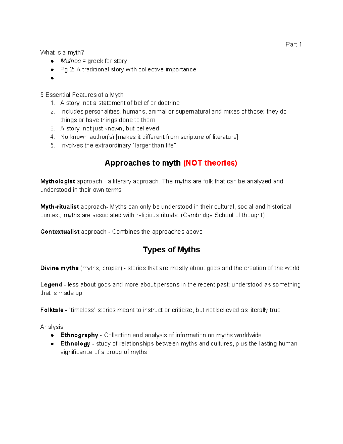 Mythology unit 1 - Lecture notes 1-3 - Part 1 What is a myth? Muthos ...