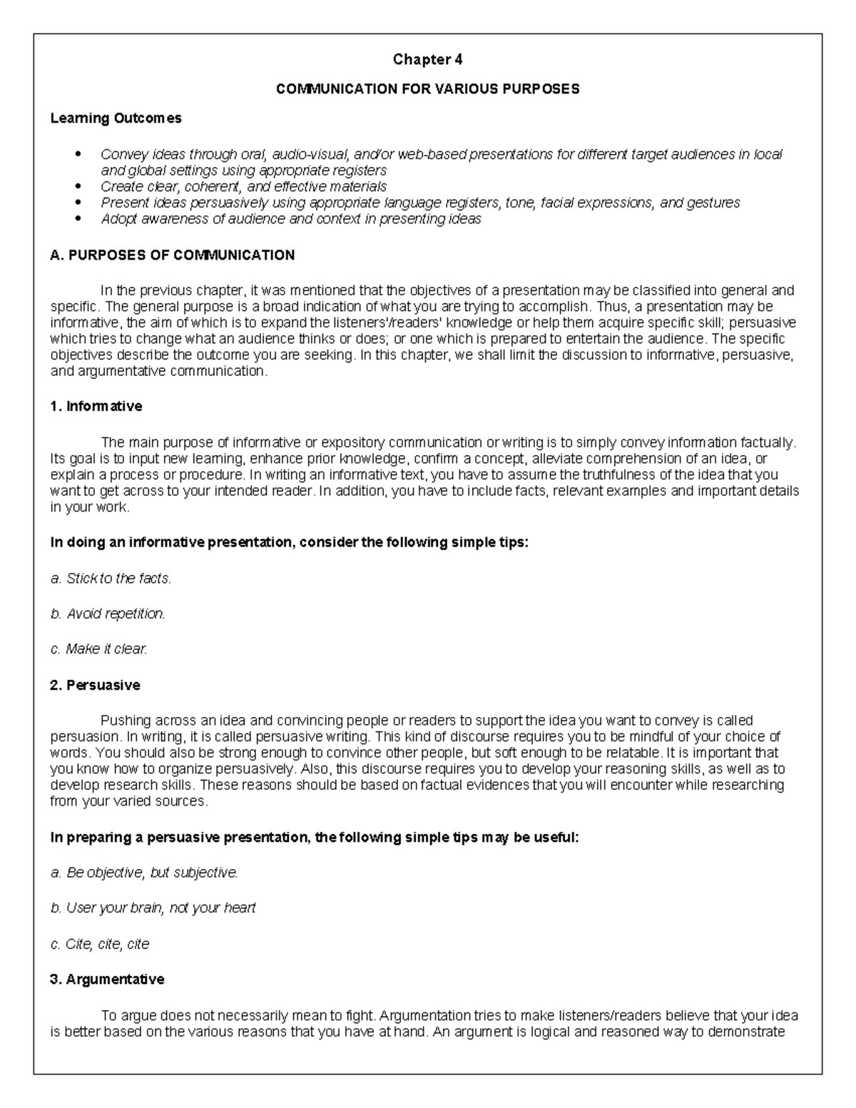 Chapter IV Communication FOR Various Purposes - Chapter 4 COMMUNICATION ...