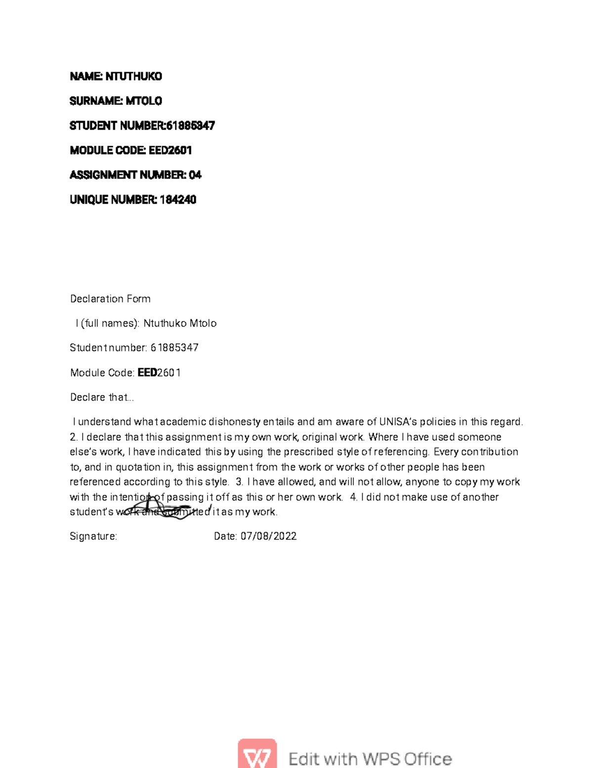 61885347.EED2601. ASS4 - NAME:NTUTHUKO SURNAME:MTOLO STUDENTNUMBER ...