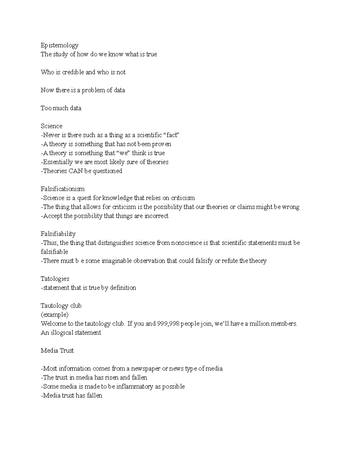 Lecture Notes 1 - Epistemology The study of how do we know what is true ...