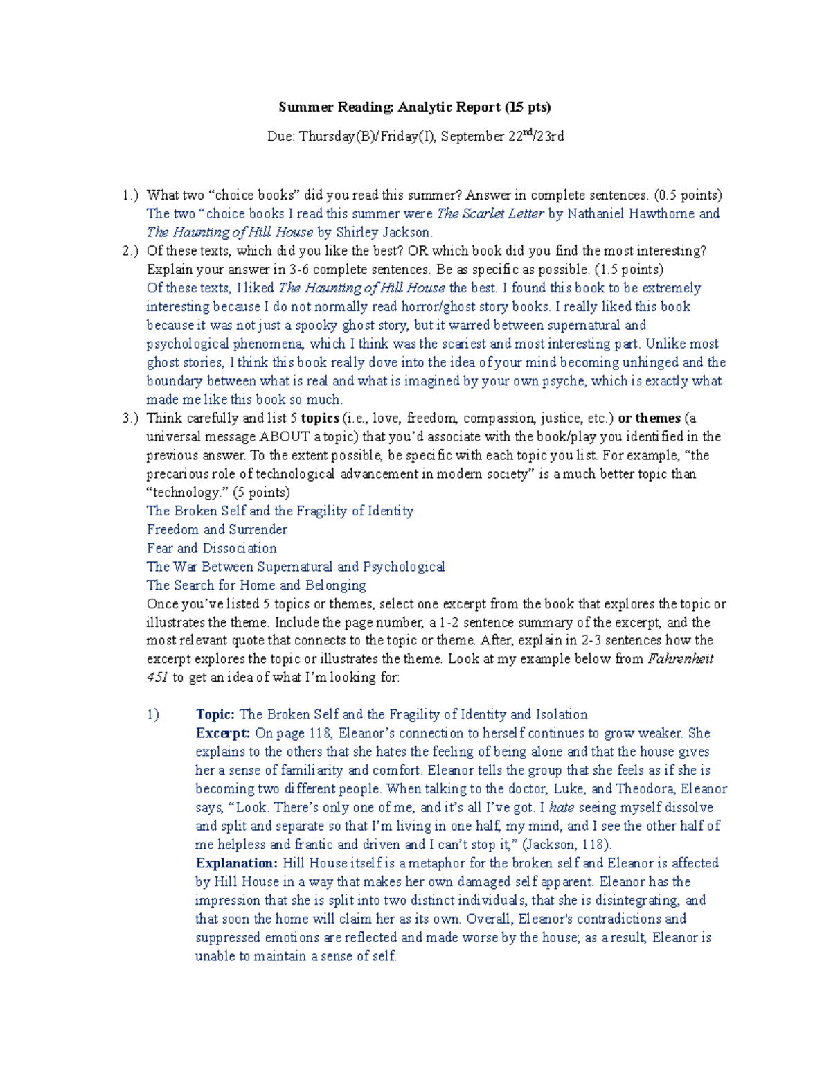 Summer Reading Assignment - Summer Reading: Analytic Report (15 pts ...