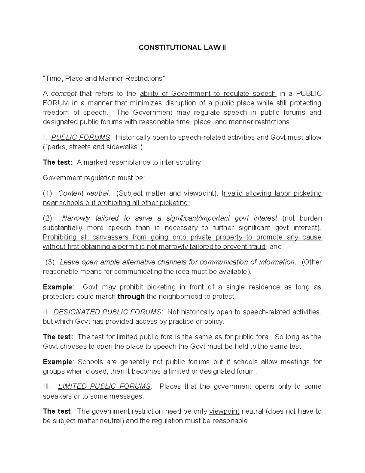 Time Place and Manner Restrictions 2021 - CONSTITUTIONAL LAW II “Time ...