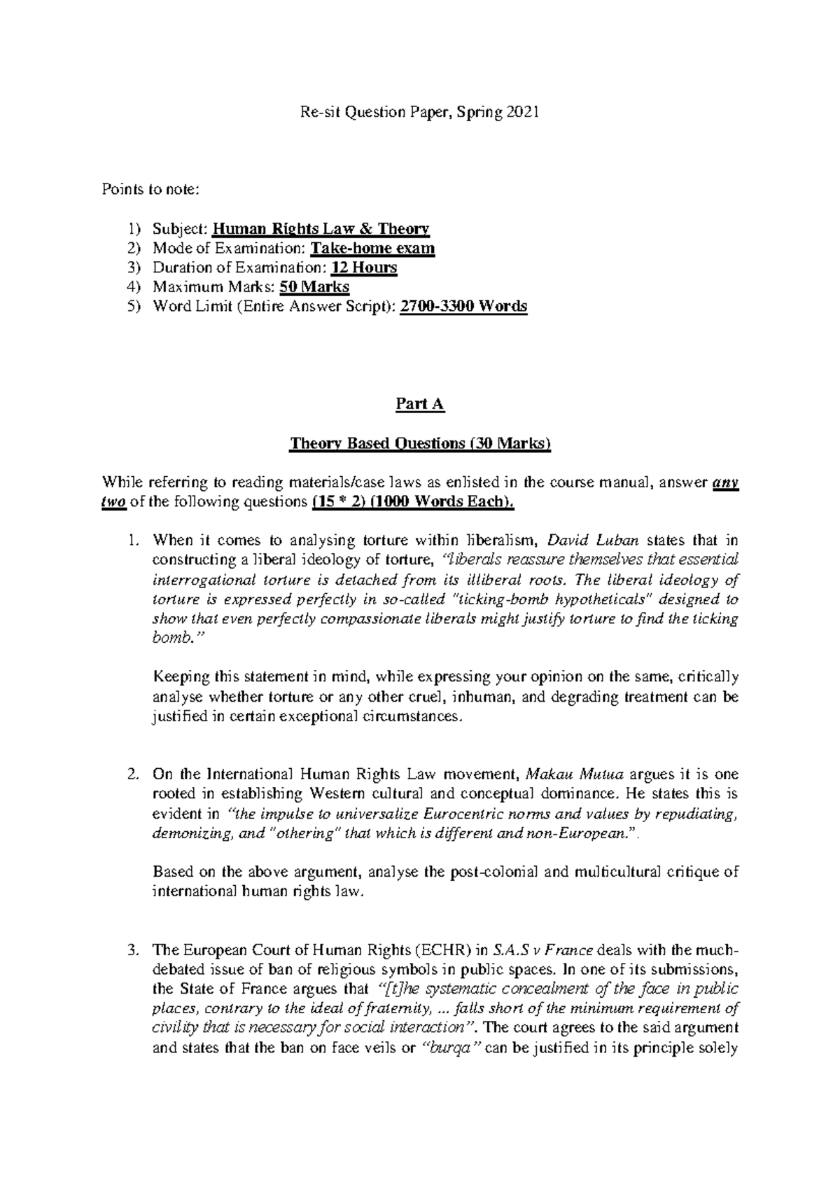Human Rights Law and Theory - Re-sit Question Paper, Spring 2021 Points ...
