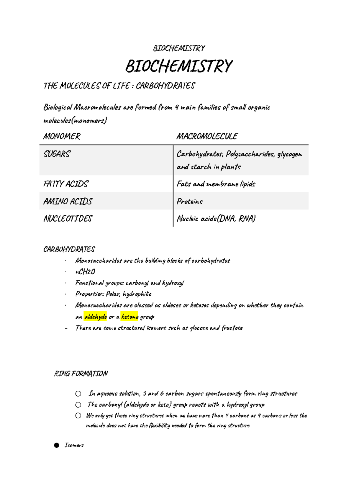Biochemistry - lecture notes - BIOCHEMISTRY BIOCHEMISTRY THE MOLECULES ...