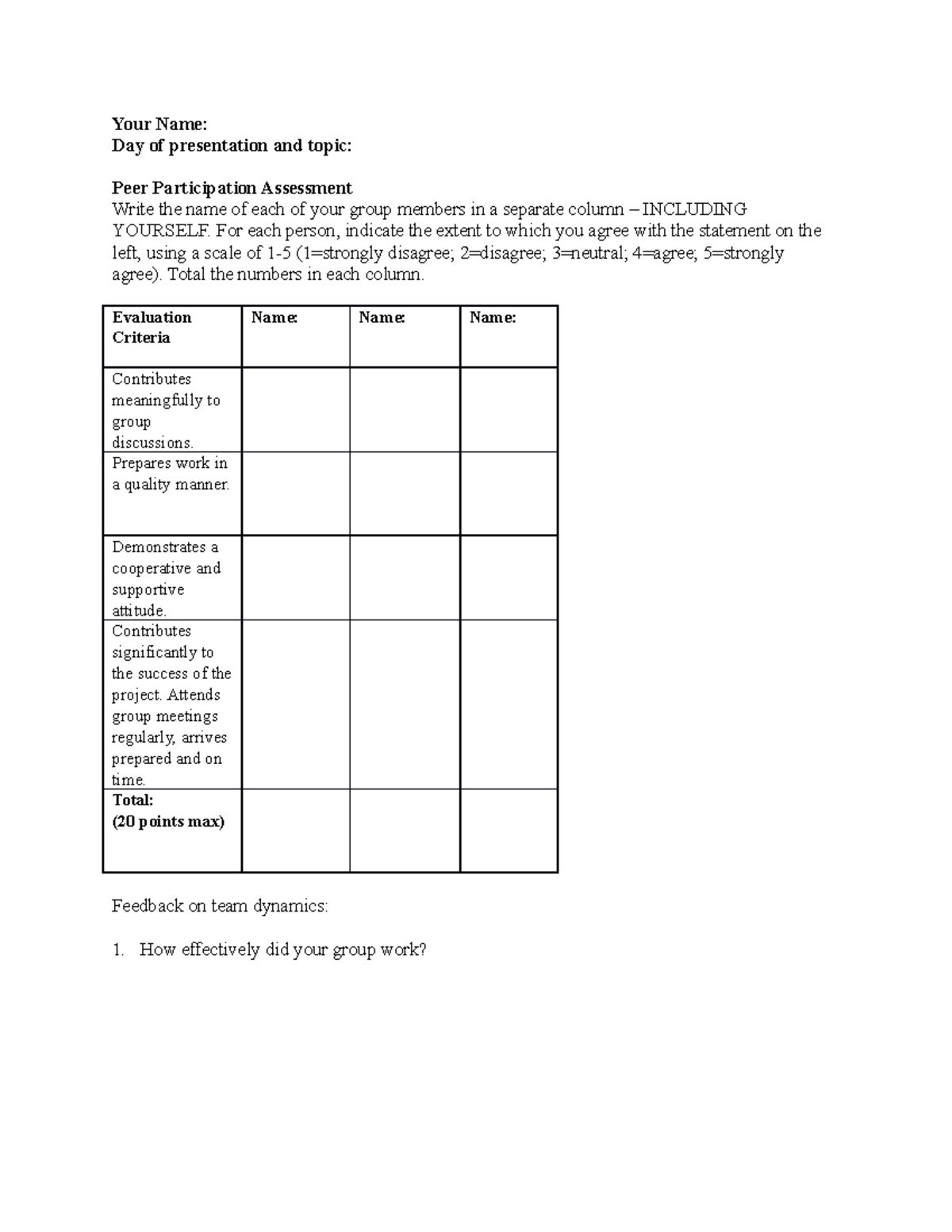 Peer Assessment for leading a class - Your Name: Day of presentation ...