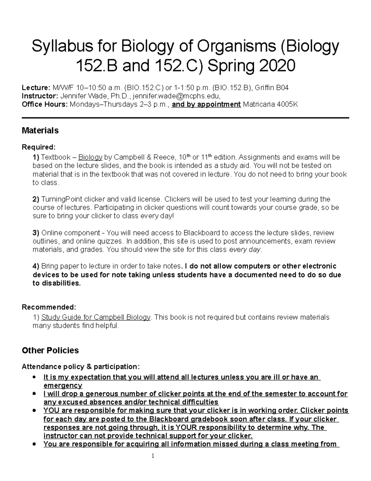 Bio 152 Syllabus Wade Spring 2020 - Syllabus for Biology of Organisms ...