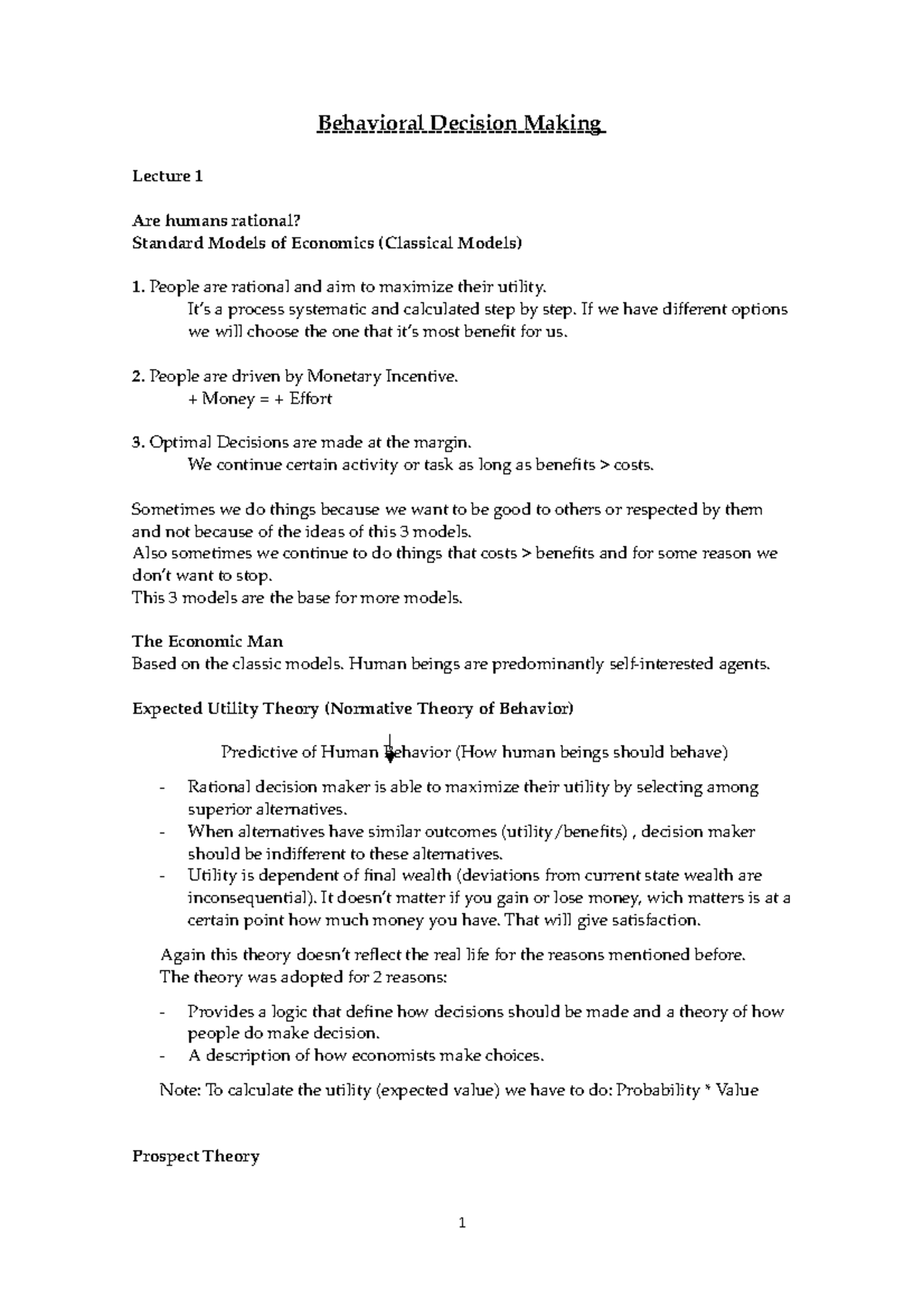 Behavioral Decision Making resume of lectures - Behavioral Decision ...