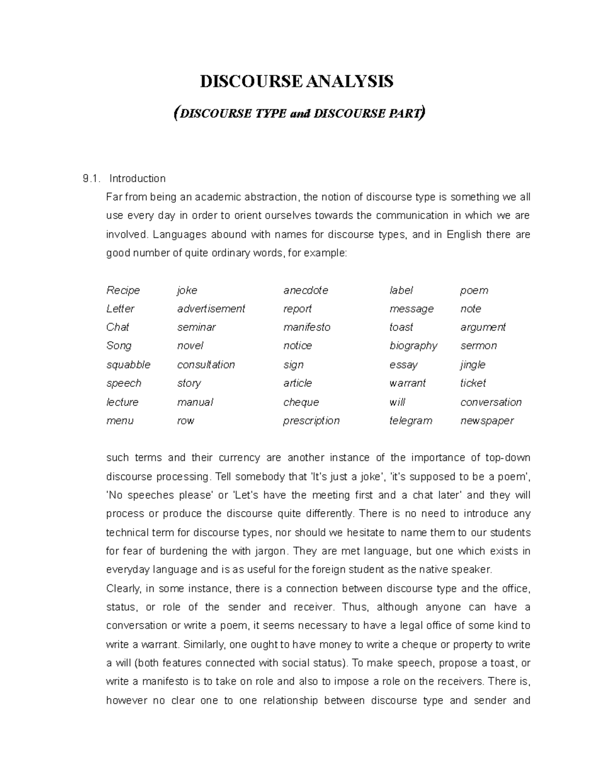 Discourse Type And Part Discourse Analysis Discourse Type And Discourse Part Introduction