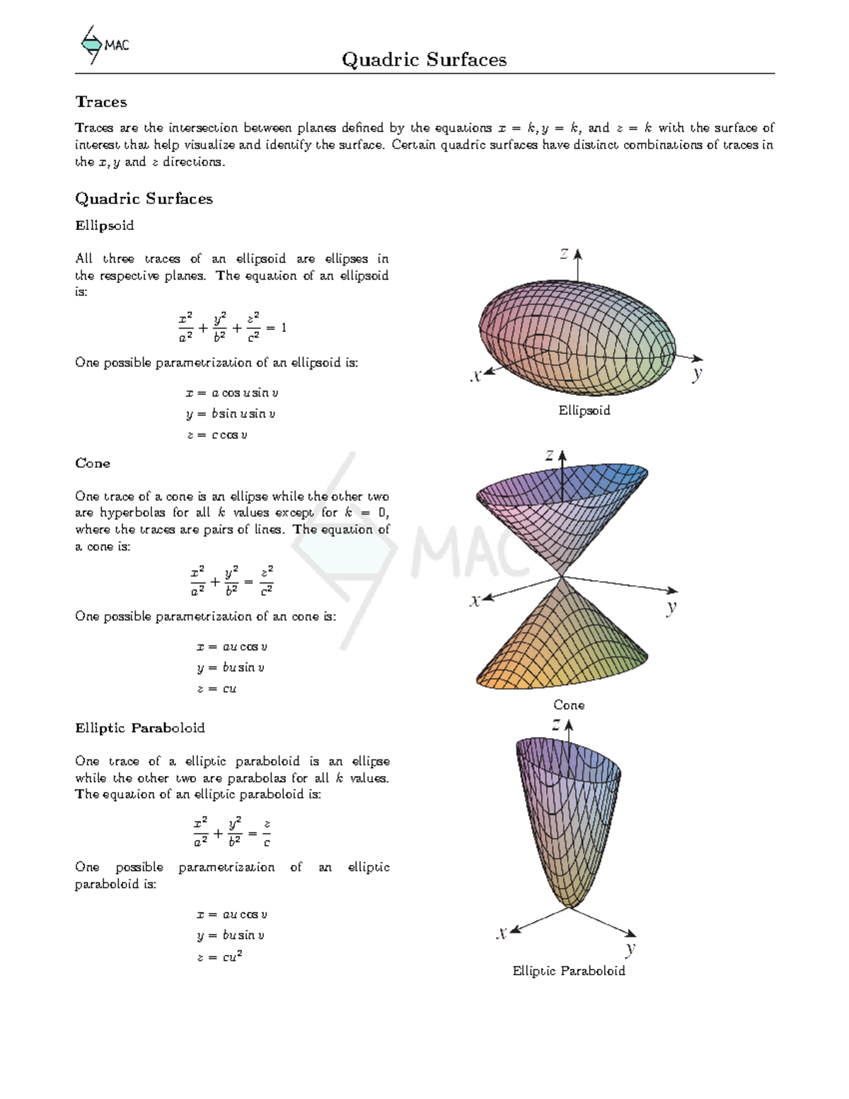 171 Quadric Surfaces - Highly summarized and concise lecture notes ...