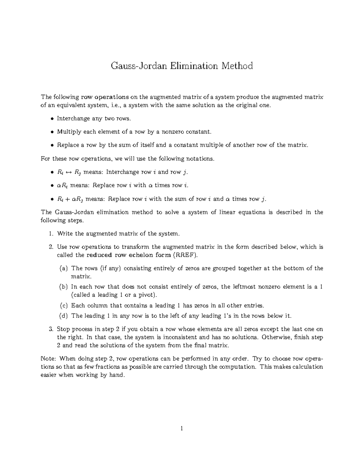 REF and RREF -WTW 211 - Notes - Gauss-Jordan Elimination Method The ...
