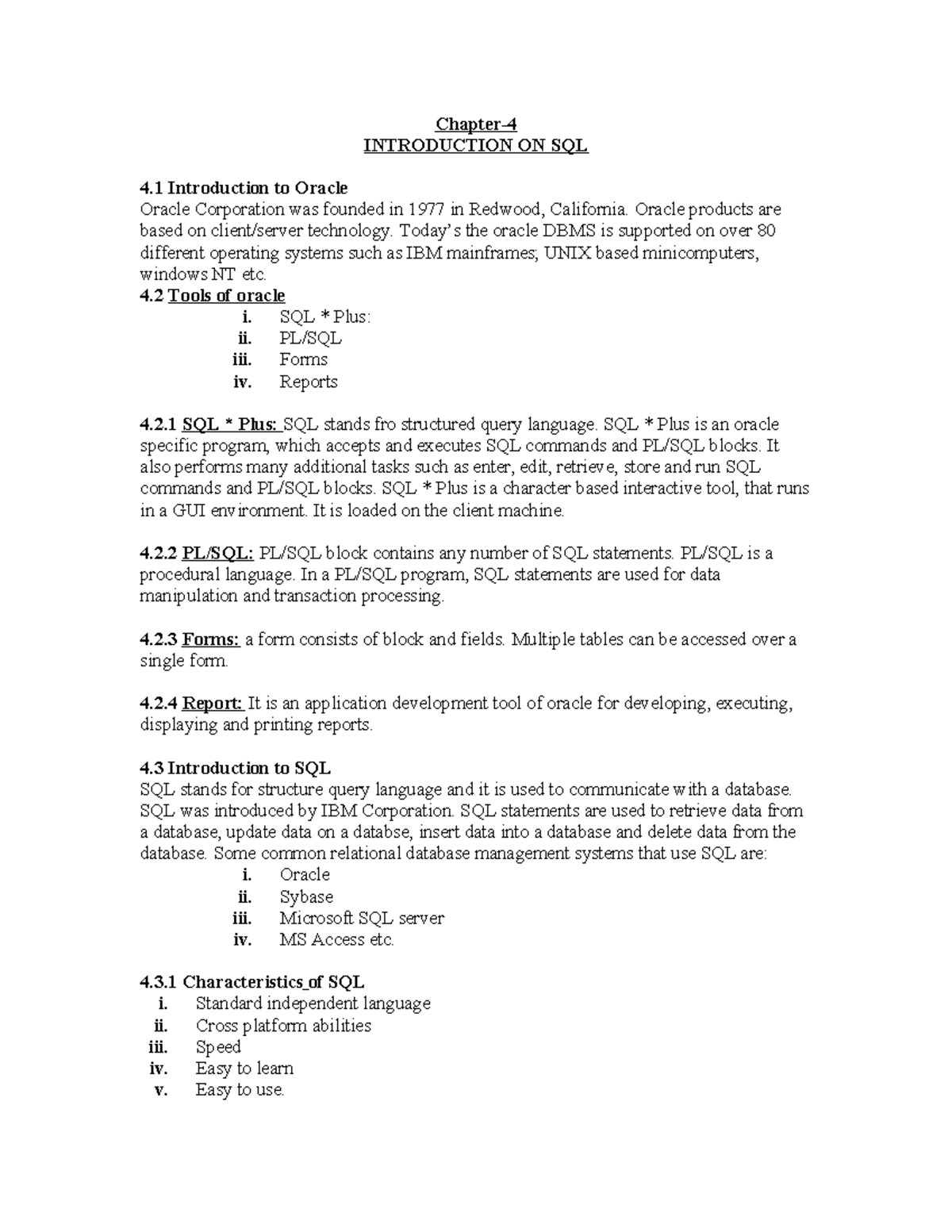 Chapter-4 - notes - Chapter- INTRODUCTION ON SQL 4 Introduction to ...