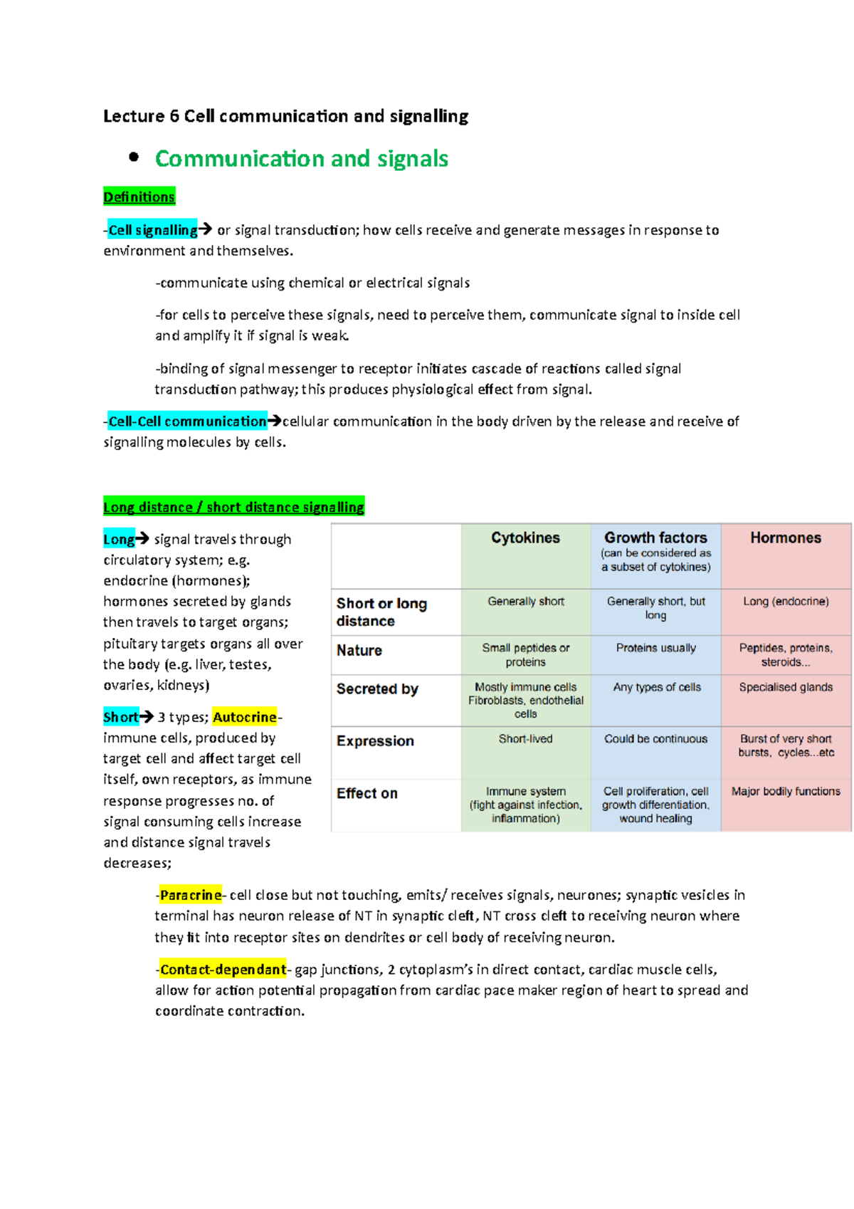 Lecture 6 notes cell communication, signalling - Lecture 6 Cell ...