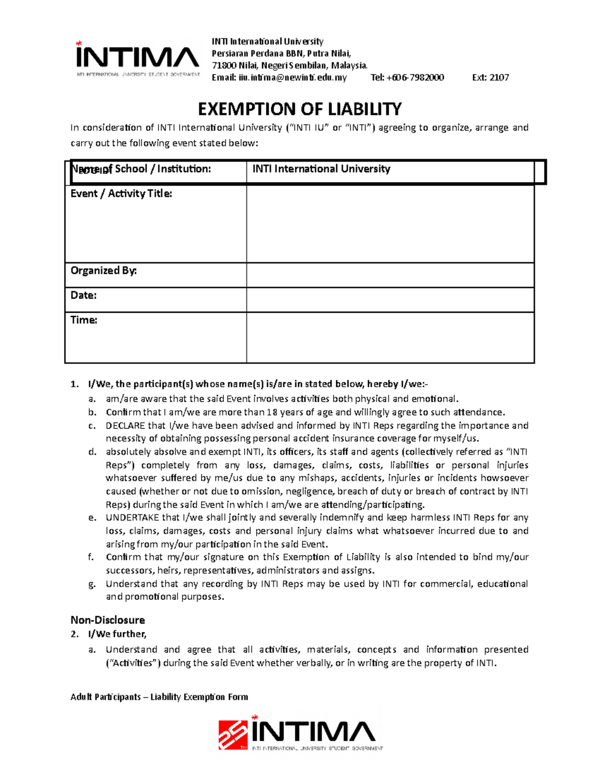 (25TH)- Intima Exemption of Liability - INTI International University ...
